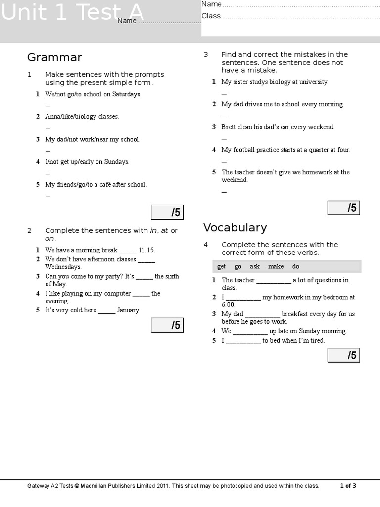 Gateway A2 Test 1A | PDF