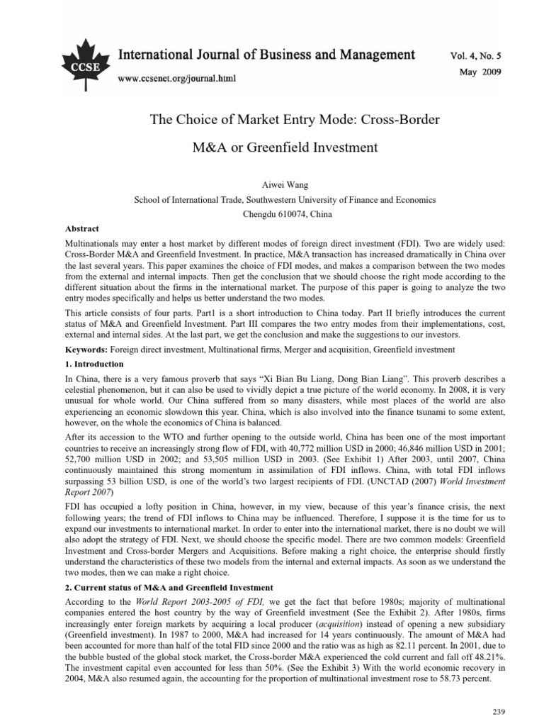 The Choice of Market Entry Mode: Cross-Border M&A or Greenfield Investment | PDF | Mergers And ...