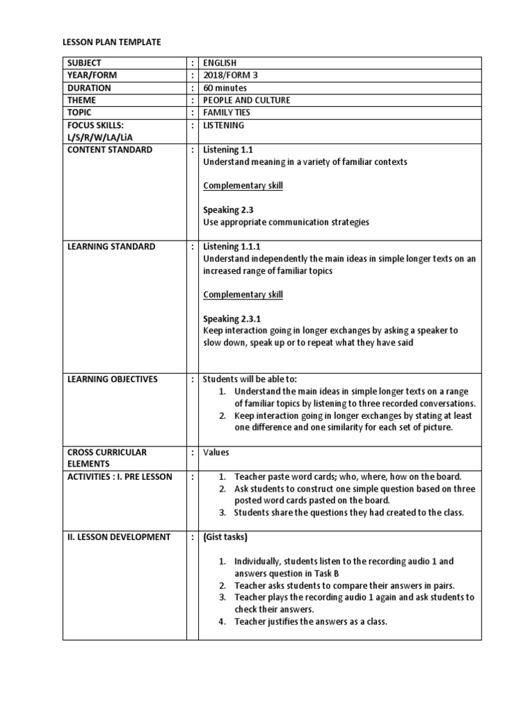 (Listening) Lesson Plan Template | PDF