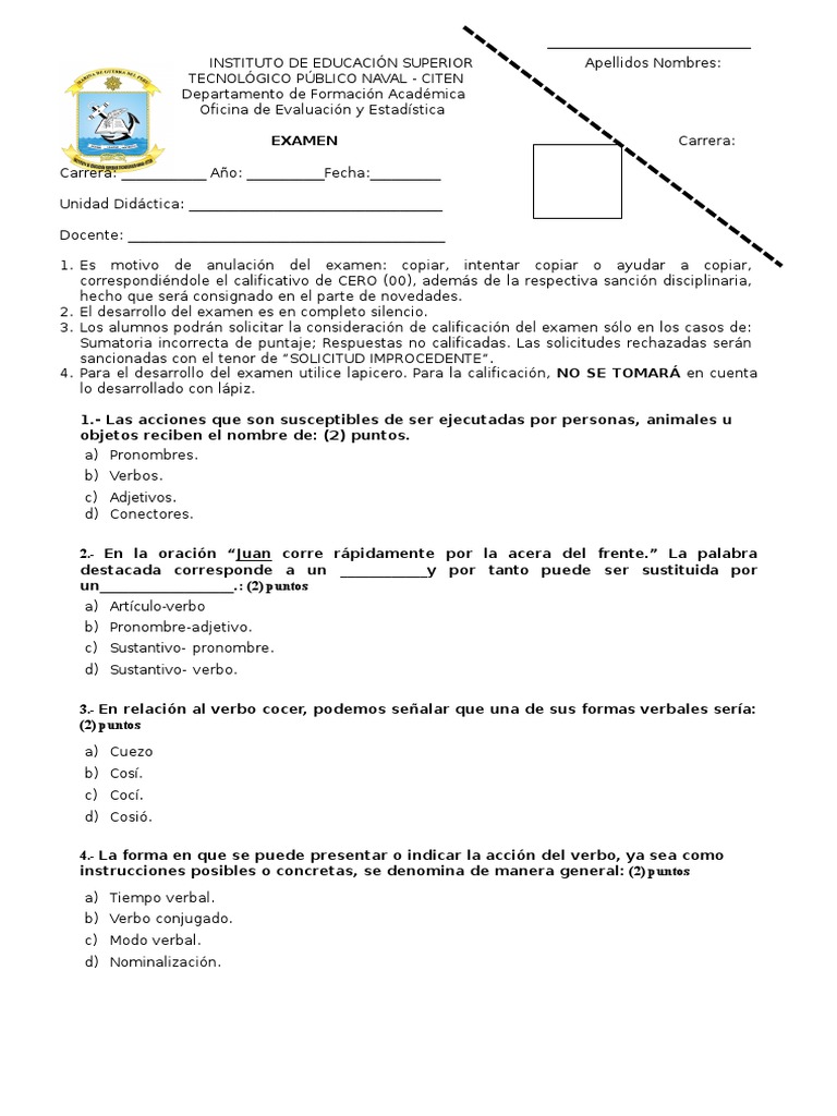Examen de Selección Múltiple de Castellano | PDF