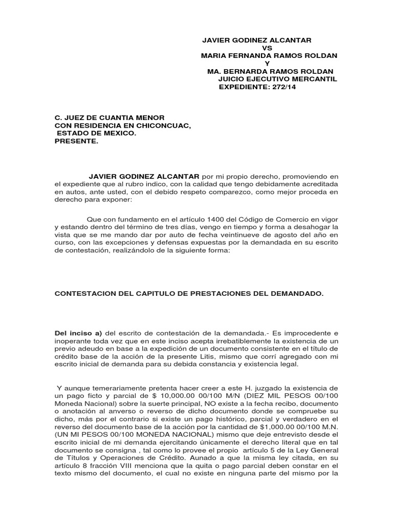 Contestacion De Vista Ejec Mercantil Pdf Instrumento Negociable