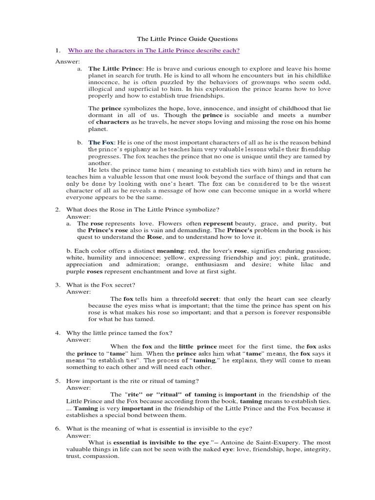 The Little Prince Guide Questions | PDF | Primary Sources | The Little ...