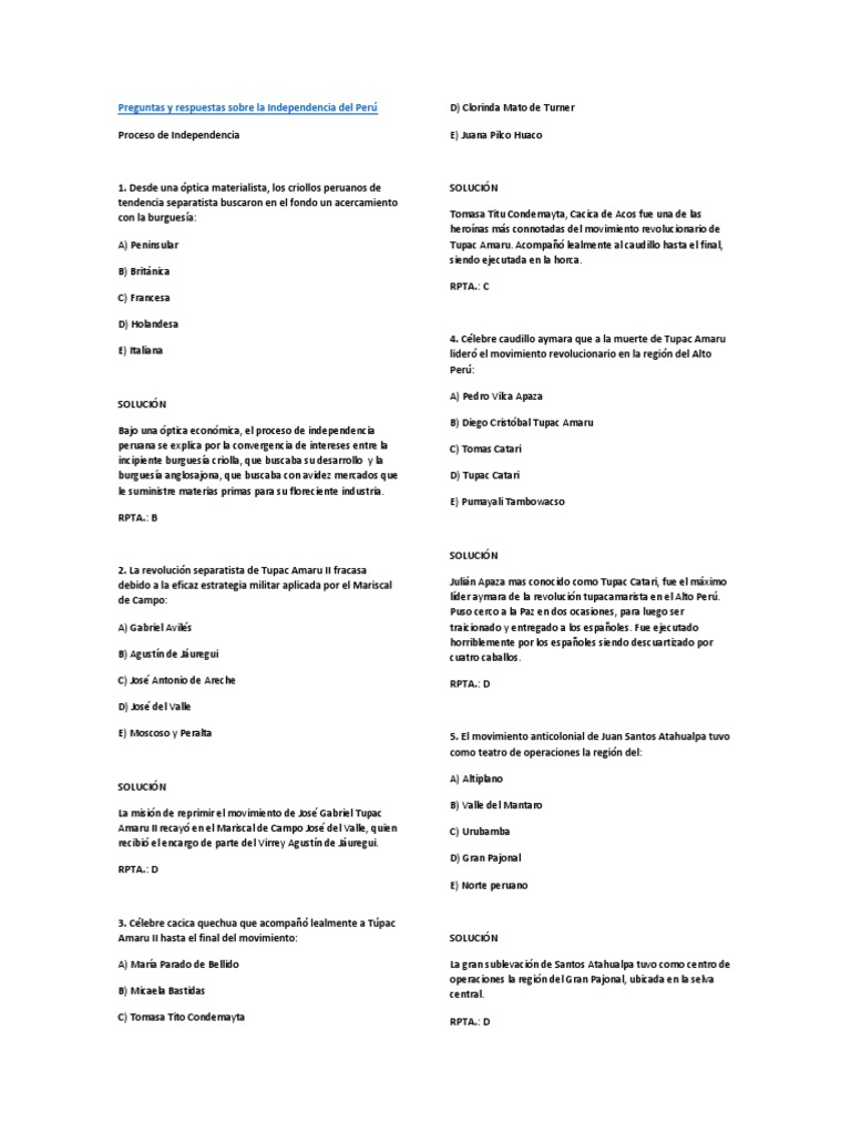 Preguntas y Respuestas Sobre La Independencia Del Perú | PDF | Perú | América del Sur