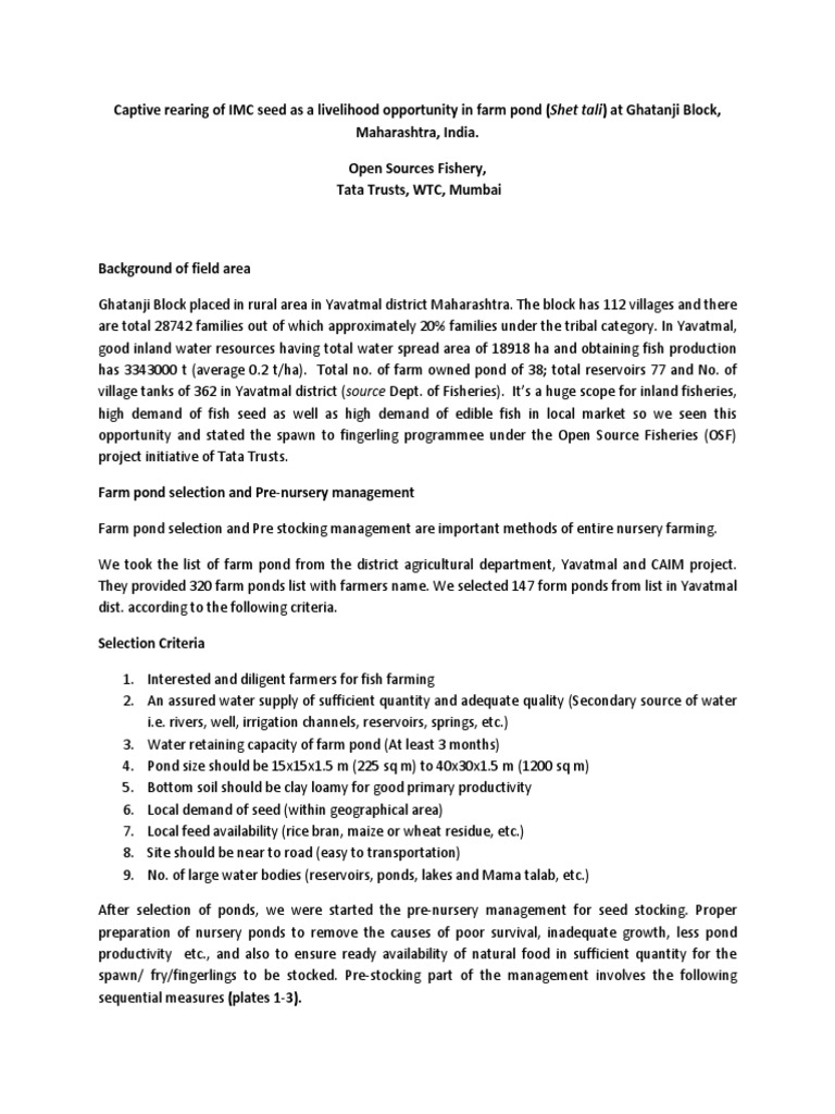 Case Study Ghatanji Fingerling Production - Ghatanji | PDF | Pond ...