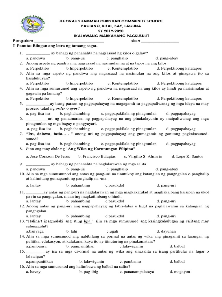 FILIPINO 8 Pangalawang Markahang Pagsusulit | PDF