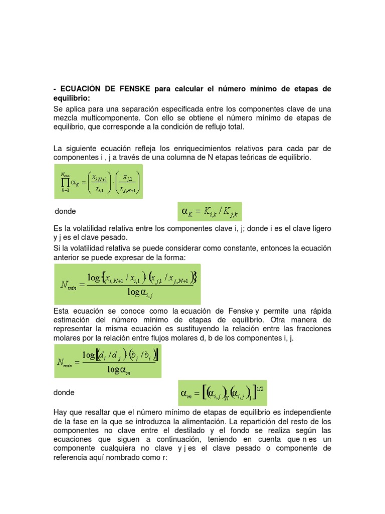 ECUACIÓN DE FENSKE para Calcular El Número Mínimo de Etapas de ...