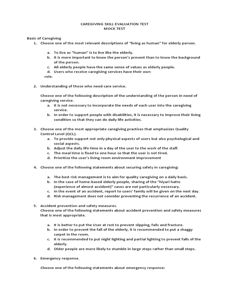 Caregiving Skill Evaluation Test | PDF | Caregiver | Wheelchair