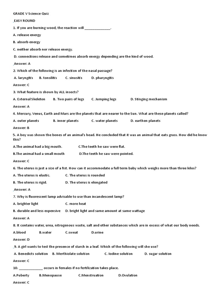 GRADE V Science Quiz | PDF | Moon | Menstrual Cycle