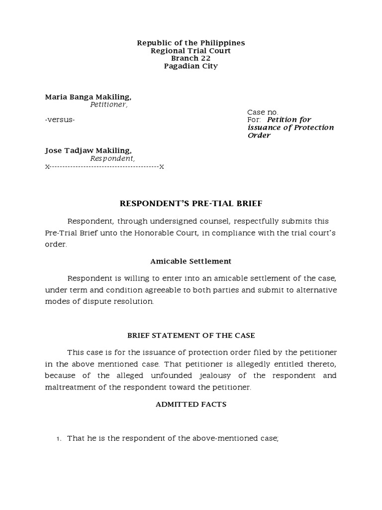 Mandatory Conference Brief Sample1 | PDF | Restraining Order | Testimony