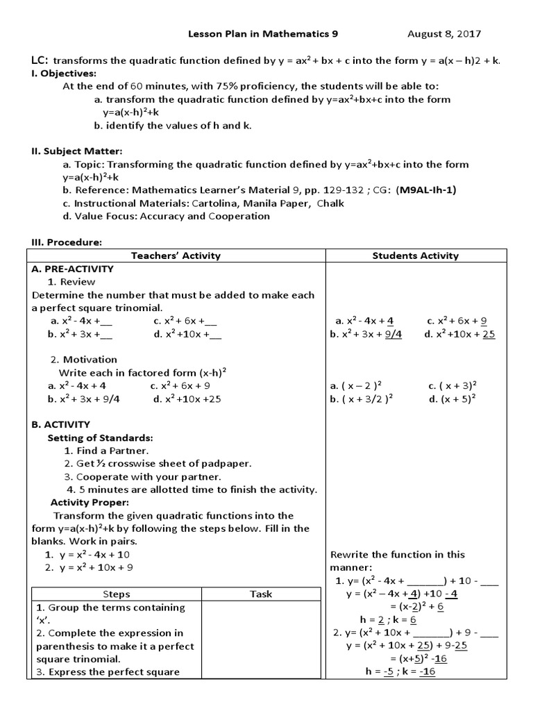 Transforming Quadratic Functions: A Lesson Plan on Converting Equations ...