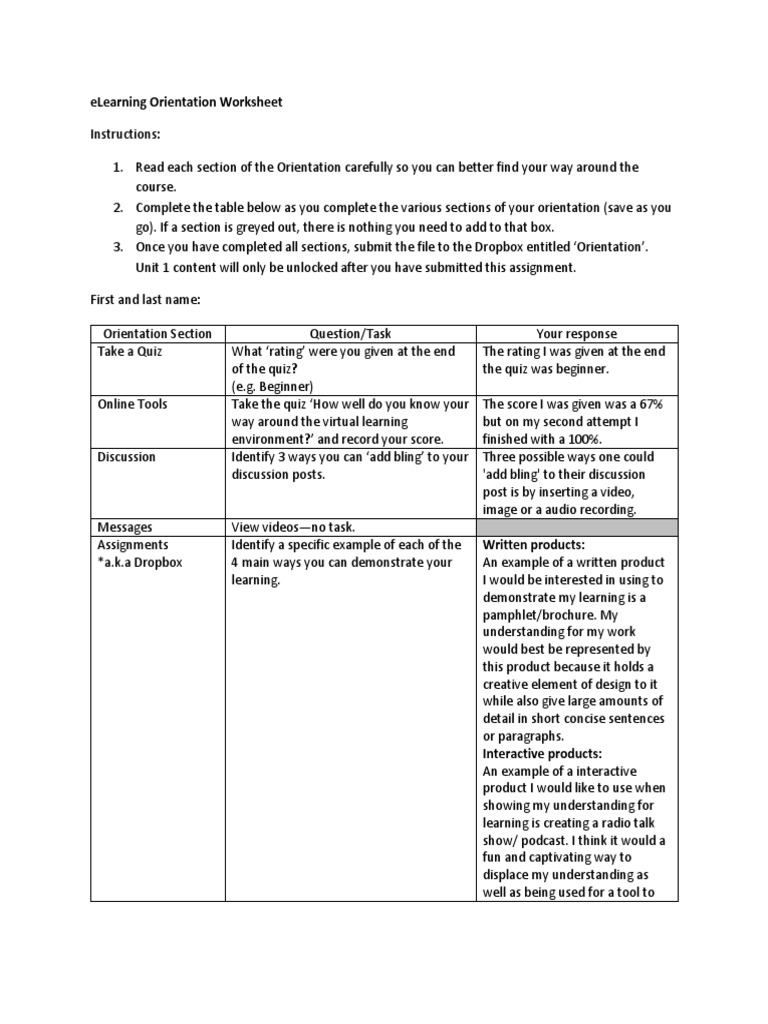 Elearning Orientation Worksheet | PDF | Educational Technology | Question