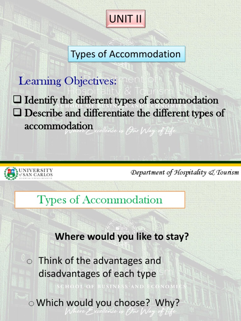 Unit 2 Types of Accomodations | PDF | Bed And Breakfast | Hostel