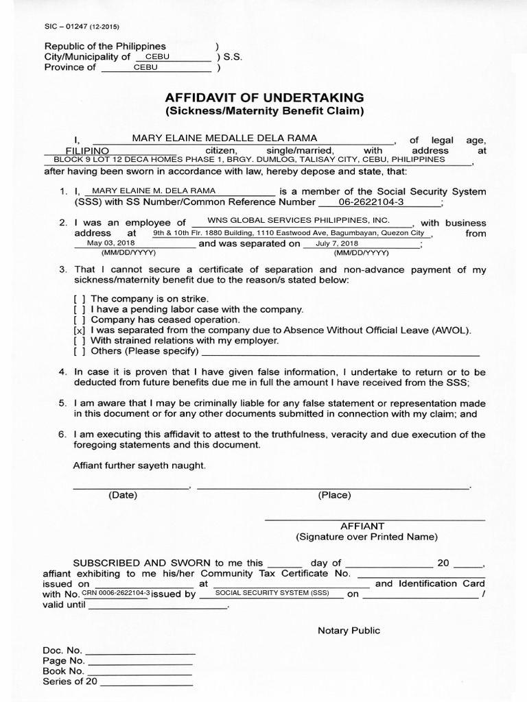 SSS Maternity Benefits Affidavit Sample | PDF | Law | Wellness