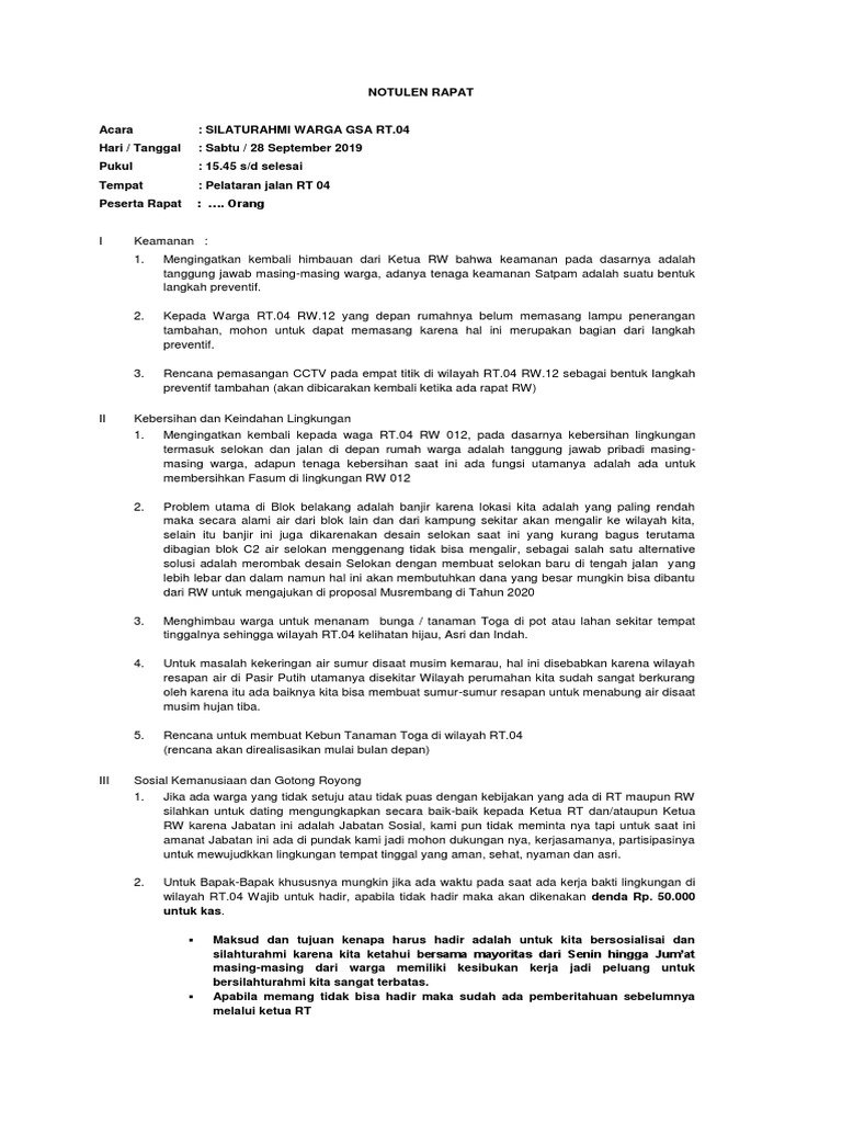 Notulen Rapat Warga RT.04 September 2019 | PDF