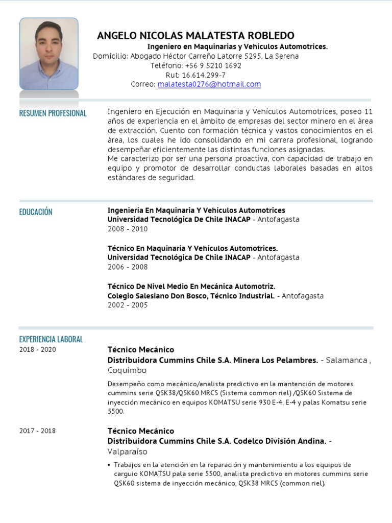 CV ANGELO MALATESTA Febrero 2020 | PDF | Cummins | Chile