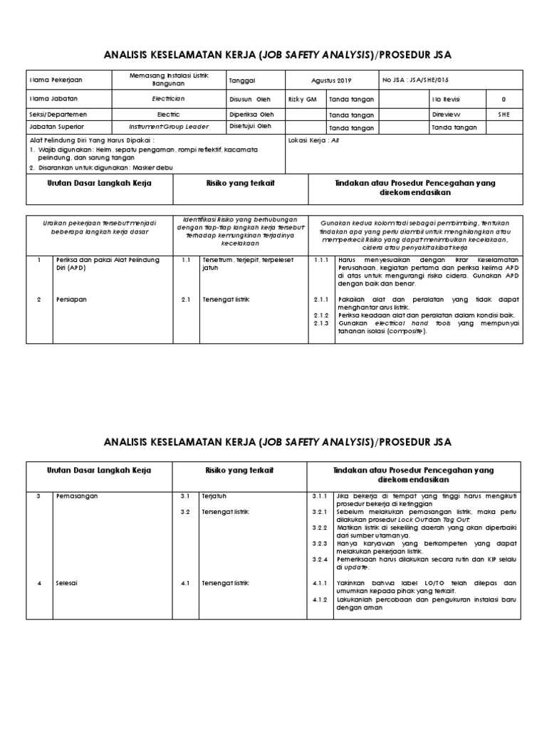 JSA Pemasangan Instalasi Listrik | PDF JSA Pemasangan Instalasi Listrik | PDF