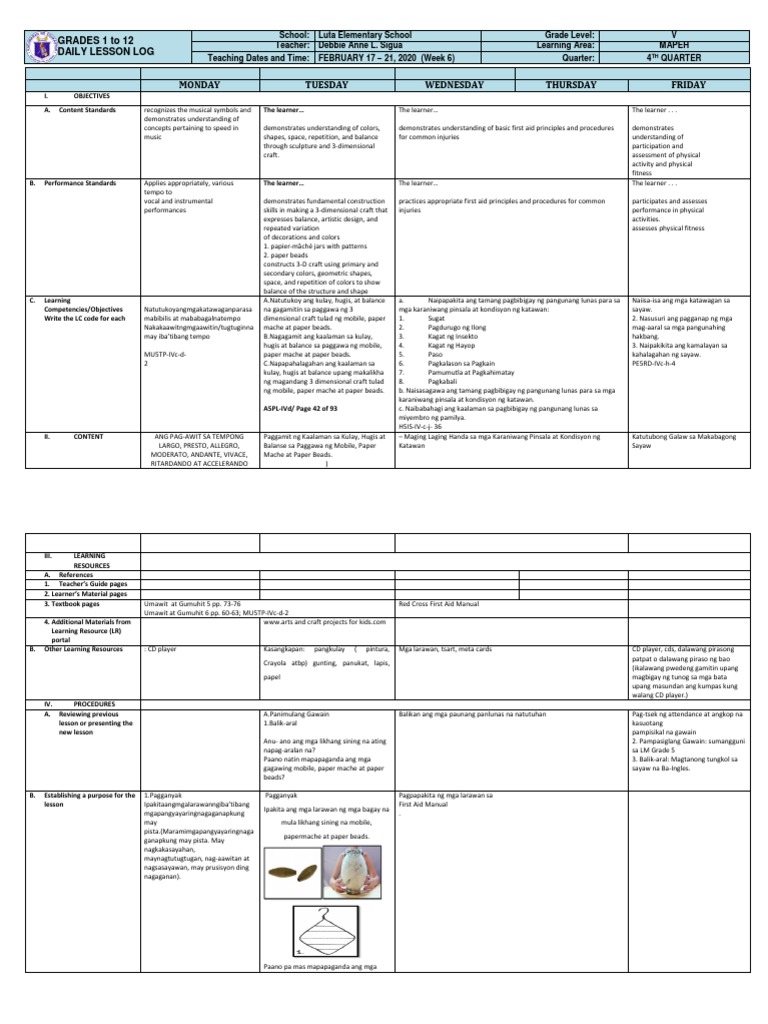 Mapeh 5 - Q4 - W4 DLL | PDF | Tempo | Rhythm And Meter