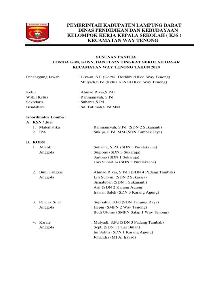 SUSUNAN PANITIA KSN KOSN FLS2N TAHUN 2020 Edaran | PDF