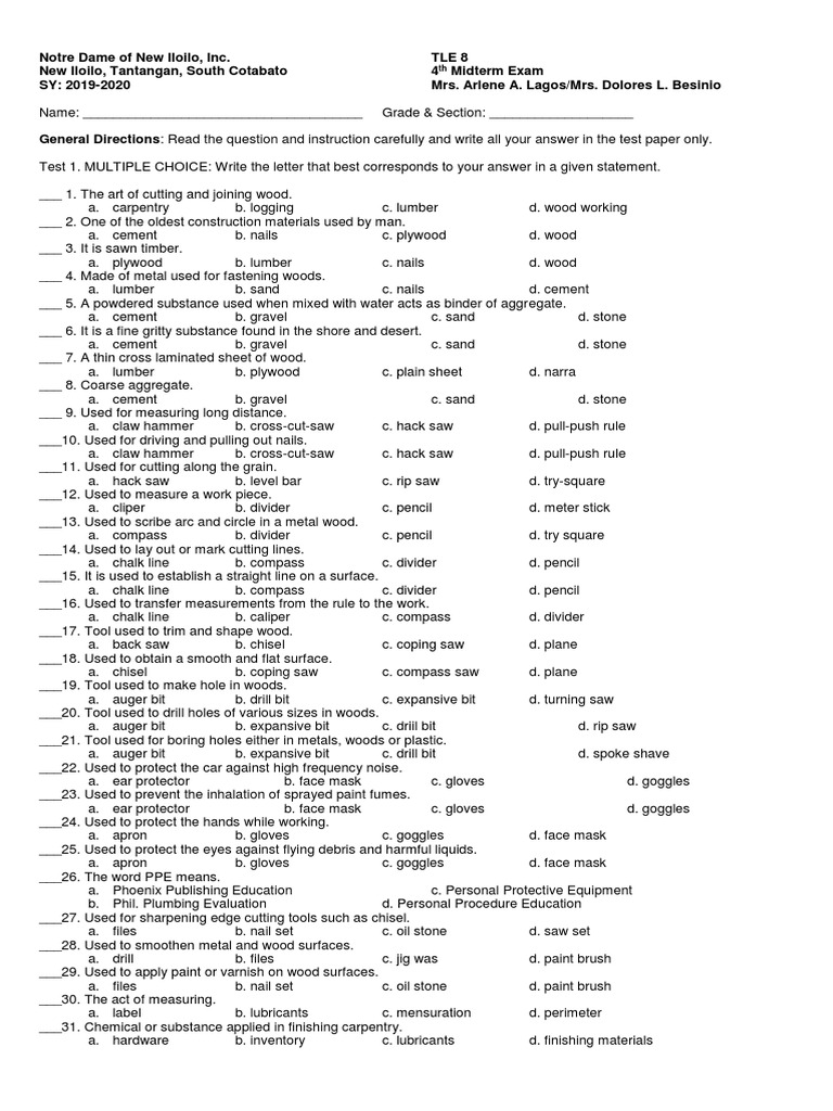 TLE 8 Midterm Exam Questions | PDF