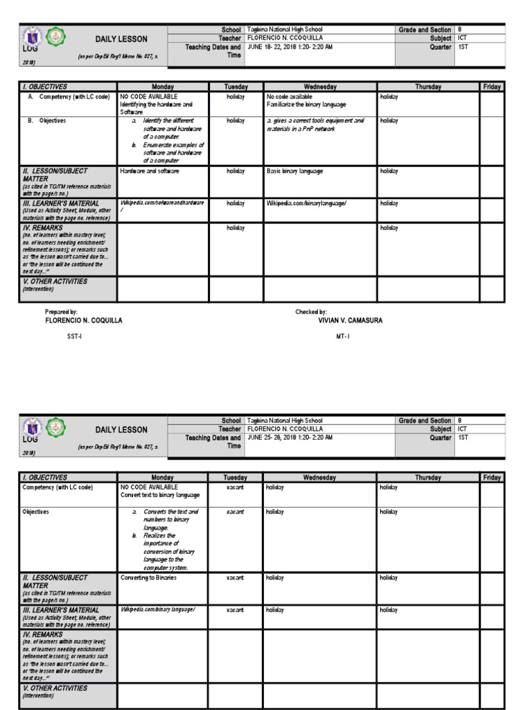 DAILY LESSON LOG Computer 8 | PDF | Computing | Computer Engineering