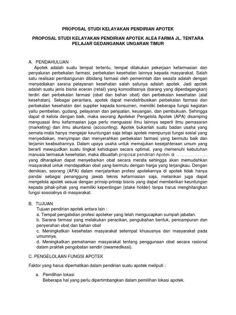 Proposal Studi Kelayakan Pendirian Apotek | PDF