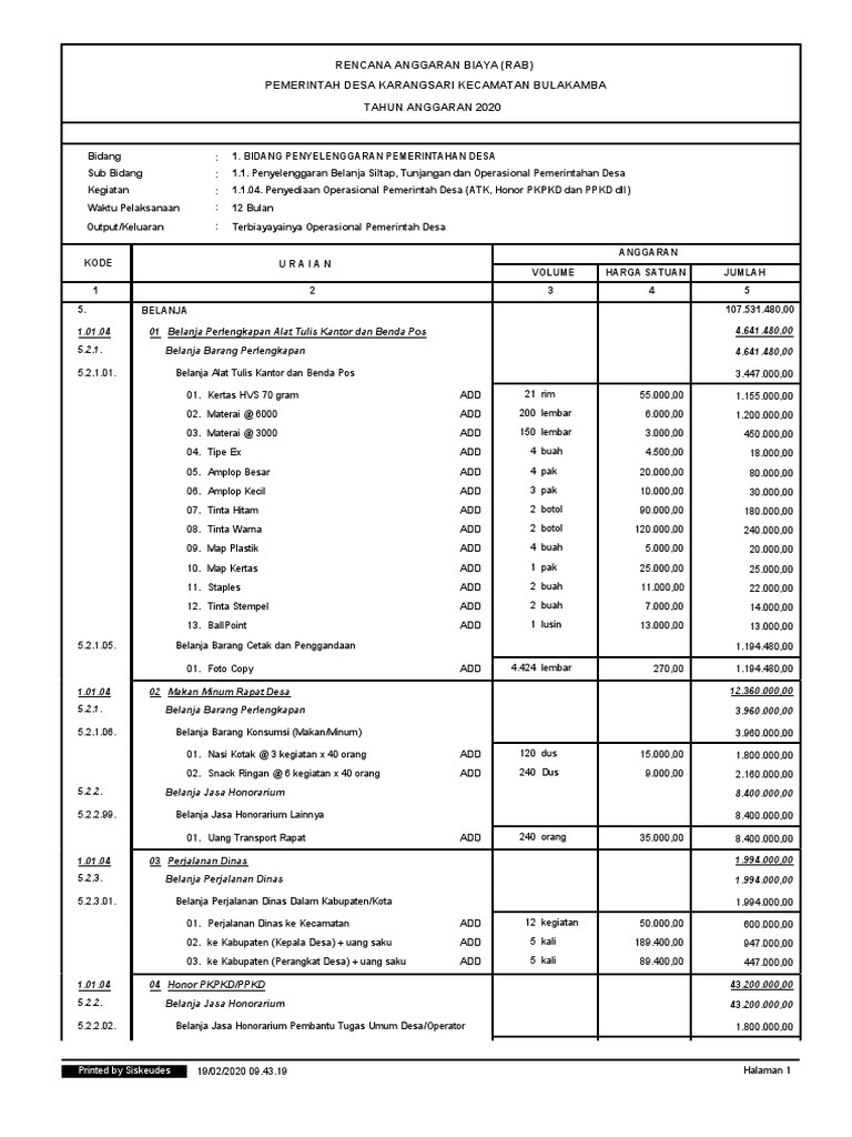Penyedia Operasional Perkantoran Desa (ATK, Honor PKPKD Dan PPKD, DLL ...