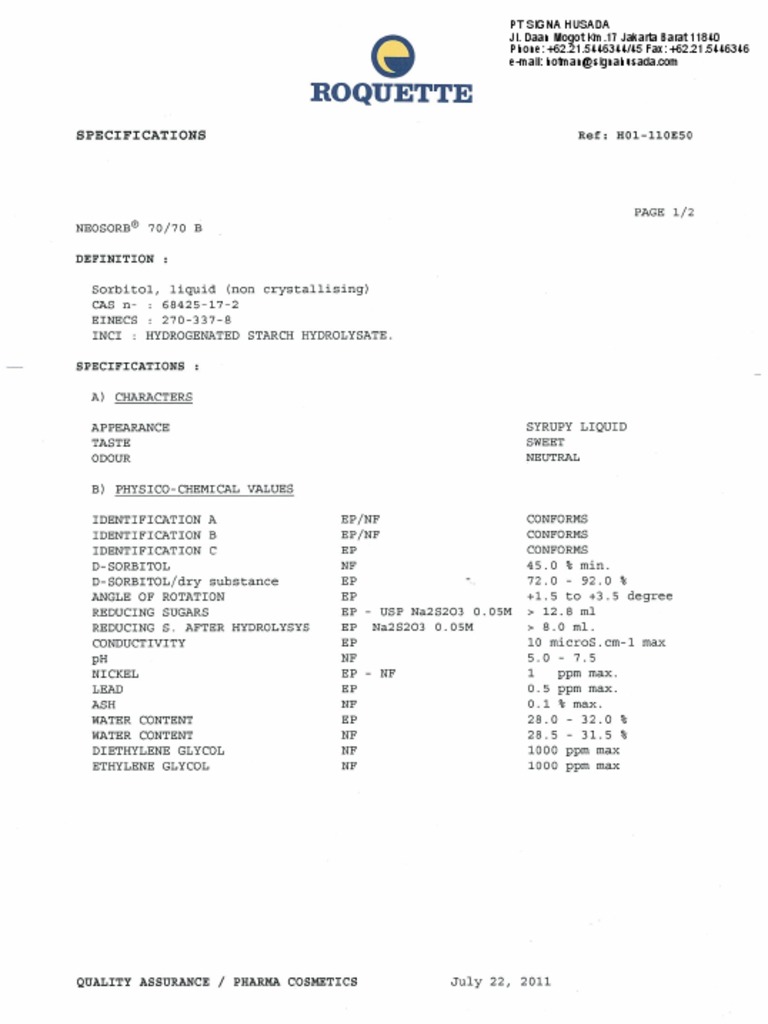 Spec Sorbitol Neosorb 70 - 70B Pharma - Spec | PDF