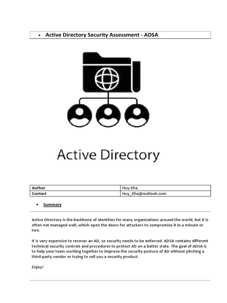 Active Directory Security Assessment ADSA 1581389501 PDF | PDF ... Active Directory Security Assessment ADSA 1581389501 PDF | PDF ...
