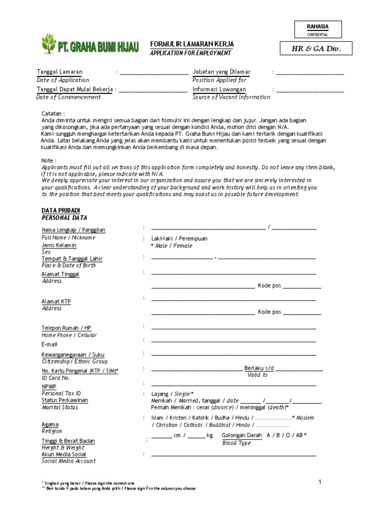 FORM BIODATA CALON KARYAWAN - KARYAWAN BARU (Mohon Diisi Lengkap) PDF | PDF