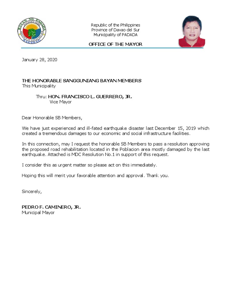 Letter To SB-rehabilitation Project Affected by Earthquake | PDF