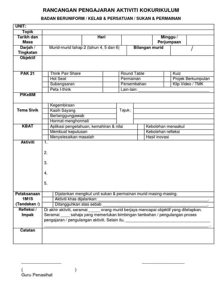 Rancangan Pengajaran Harian (RPH) Kokurikulum 18 Febuari 2020 | PDF