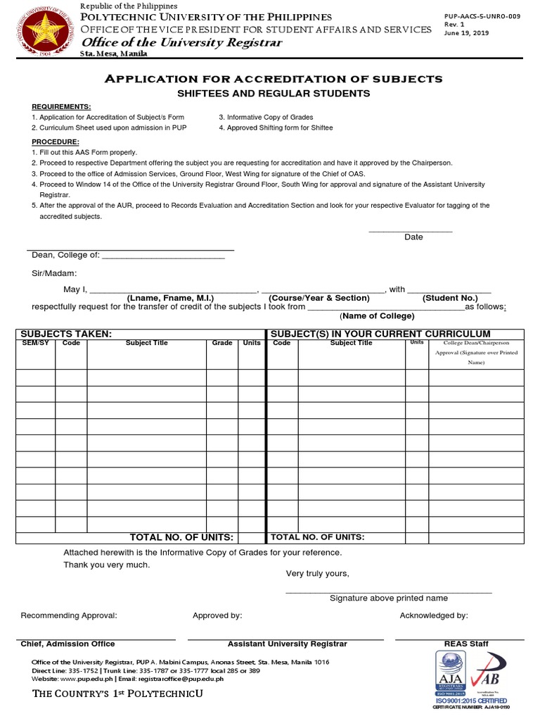 PUP Accreditation Form For Shiftee | PDF | Learning