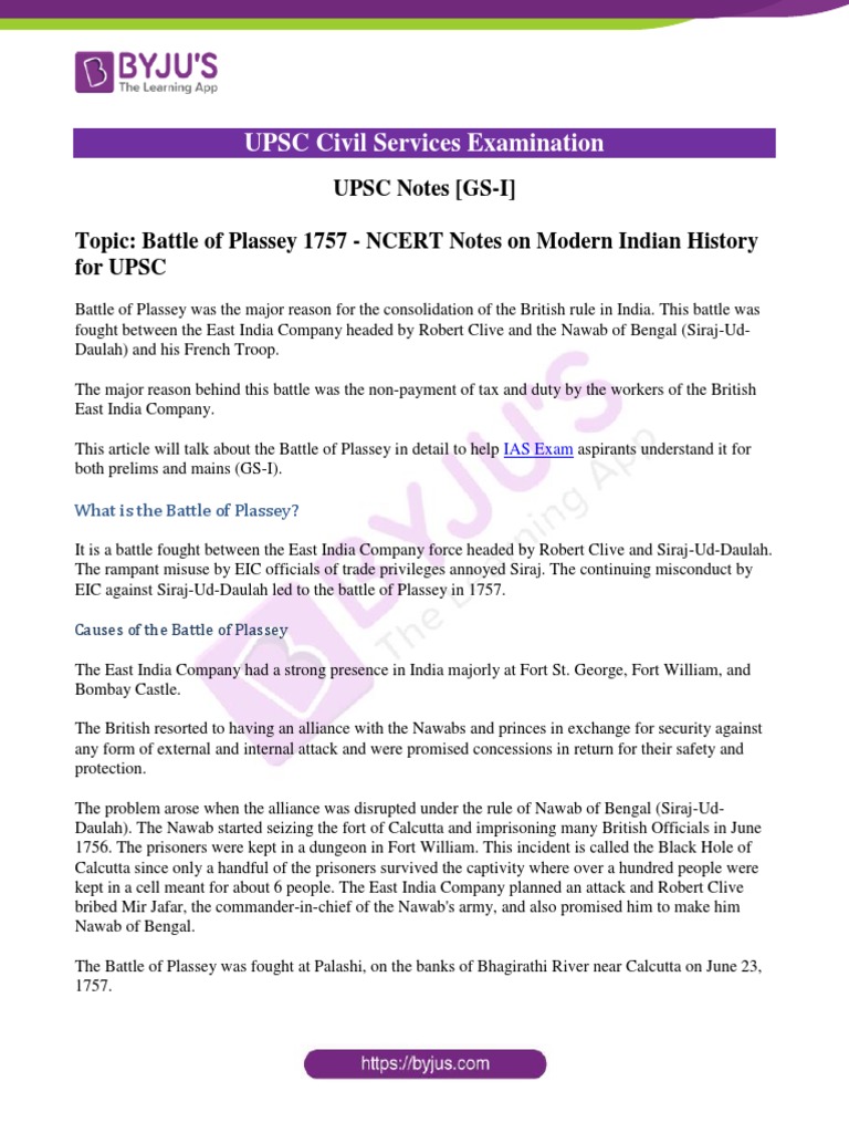 Battle of Plassey 1757 NCERT Notes On Modern Indian History For UPSC ...