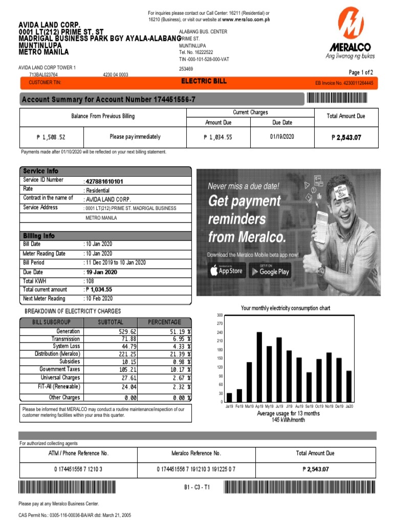 Meralco Electric Bill Sample 2020 | PDF | Invoice | Kilowatt Hour