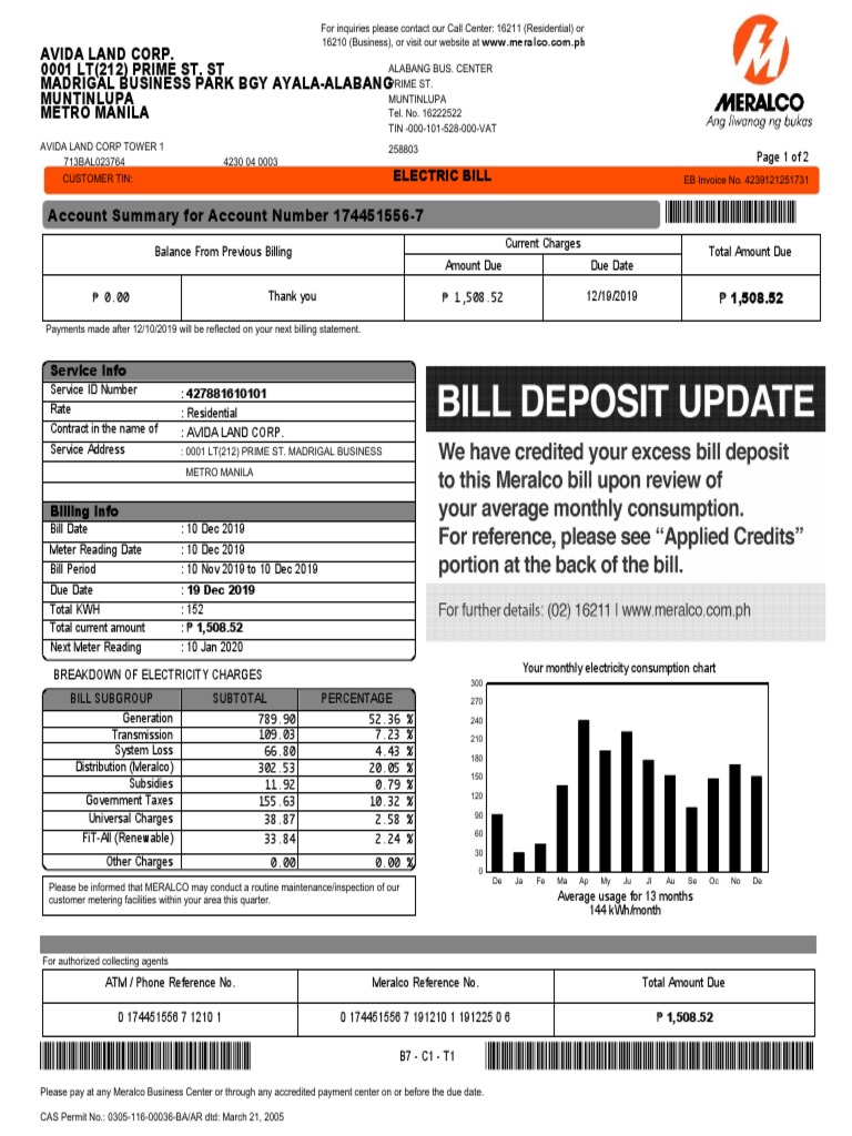 Meralco Bill 427881610101 12102019 | PDF | Kilowatt Hour | Banks