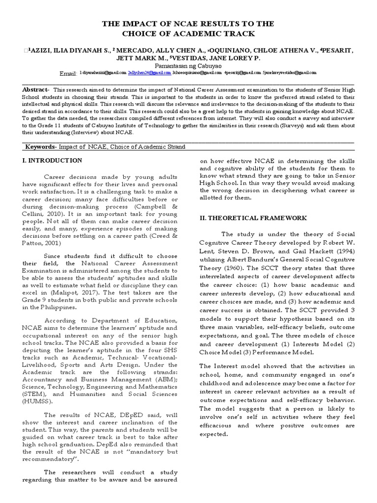 The Impact of NCAE Results To The Choice of Academic Strand | PDF ...