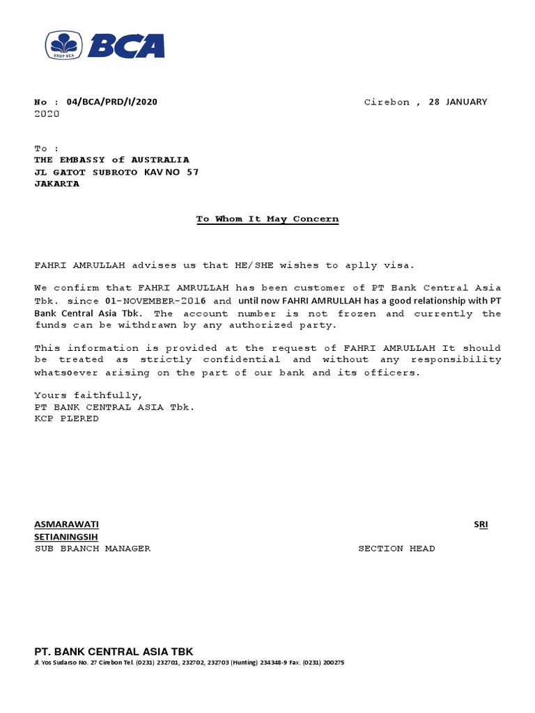 Bank Reference Letter for Visa Application | PDF