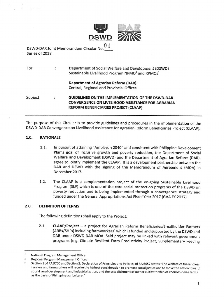 DSWD Dar Joint Memorandum Circular No 01 Guidelines On The ...