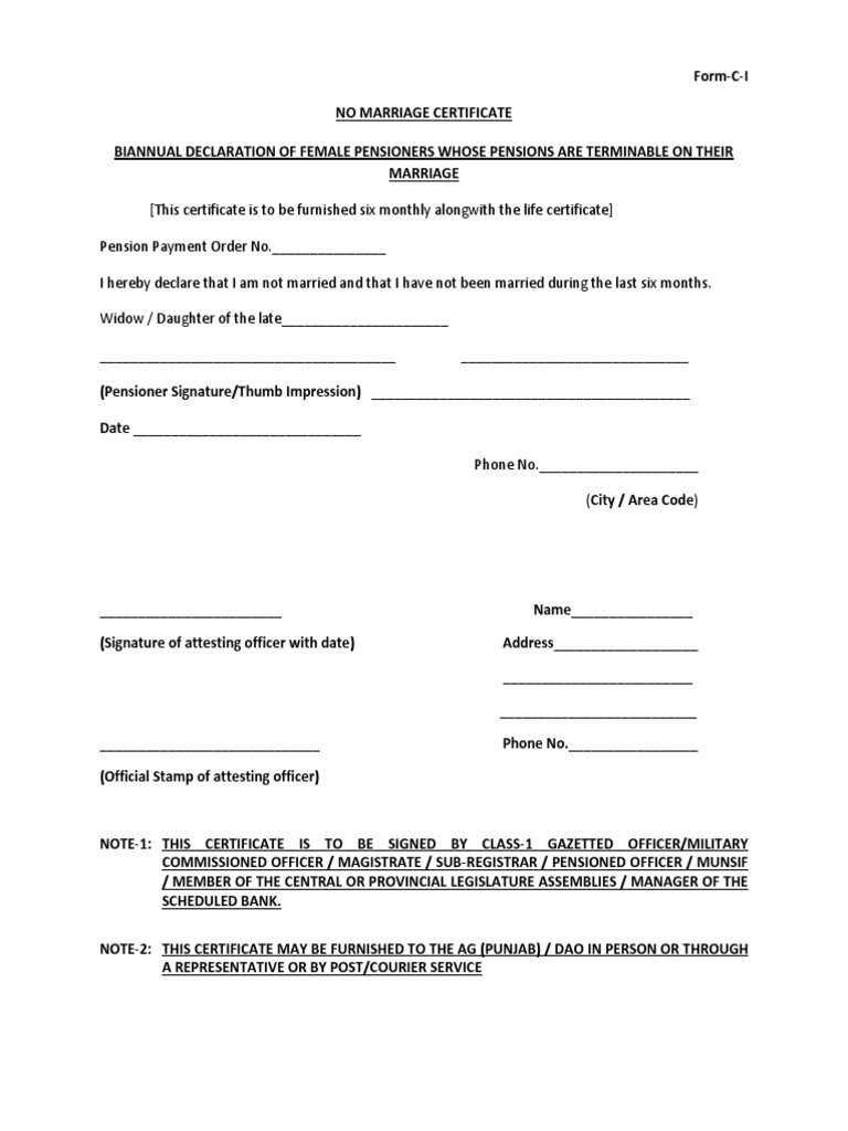 Non Marriage Certificate for Pensioners | PDF