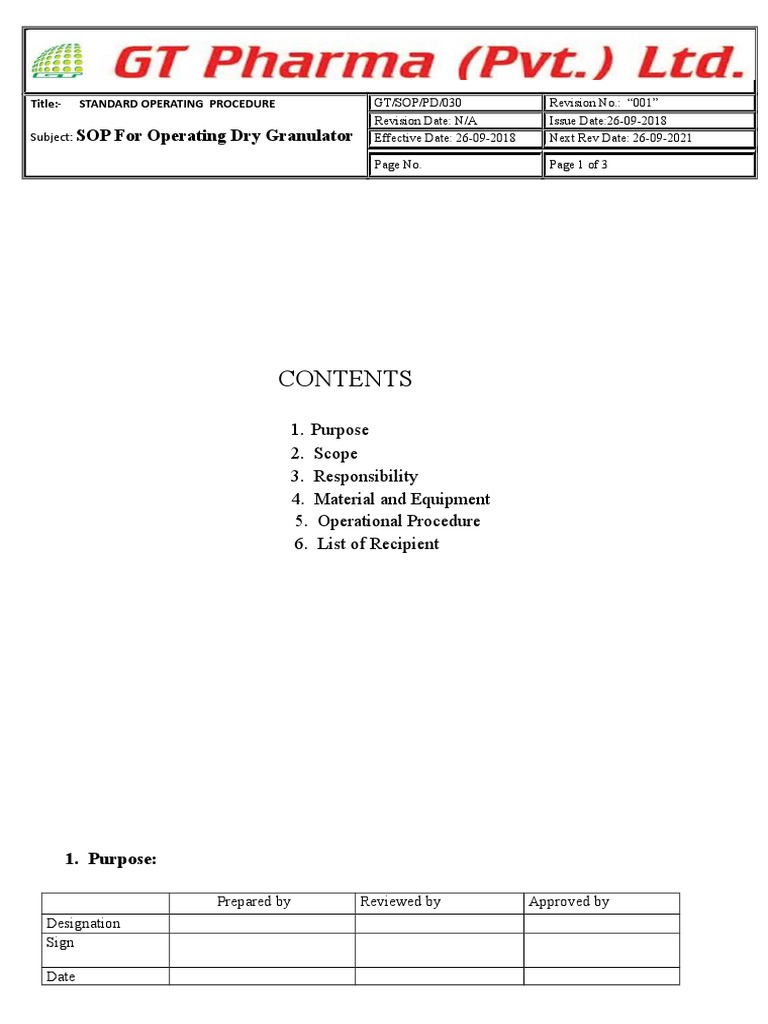 SOP for Operating Dry Granulator | PDF