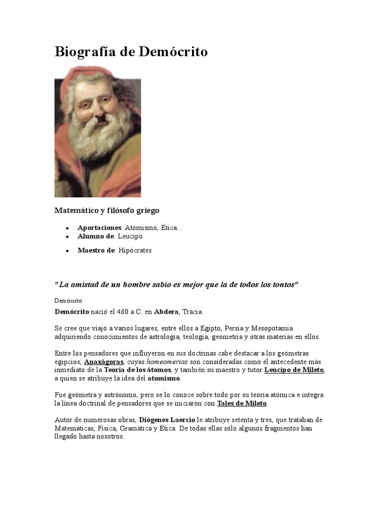 Biografía de Demócrito | PDF Biografía de Demócrito | PDF