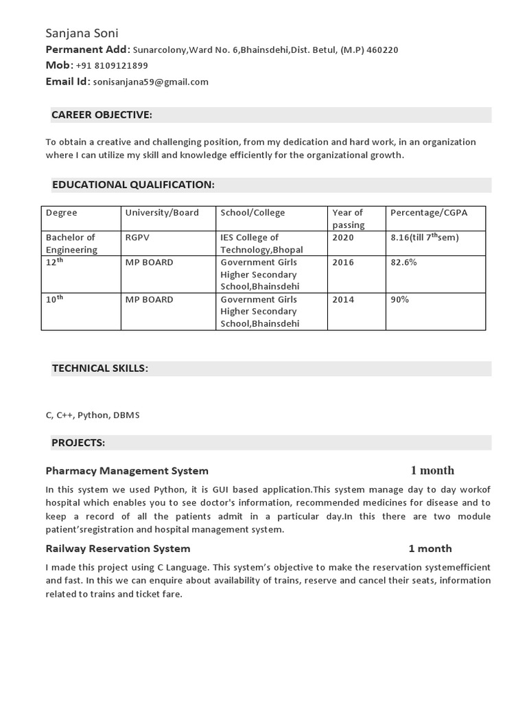 Sanjana's Resume | PDF | Career & Growth