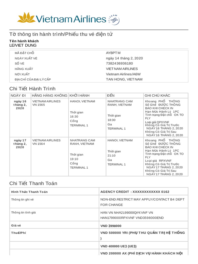 Electronic Ticket Receipt, Vietnam Airlines | PDF