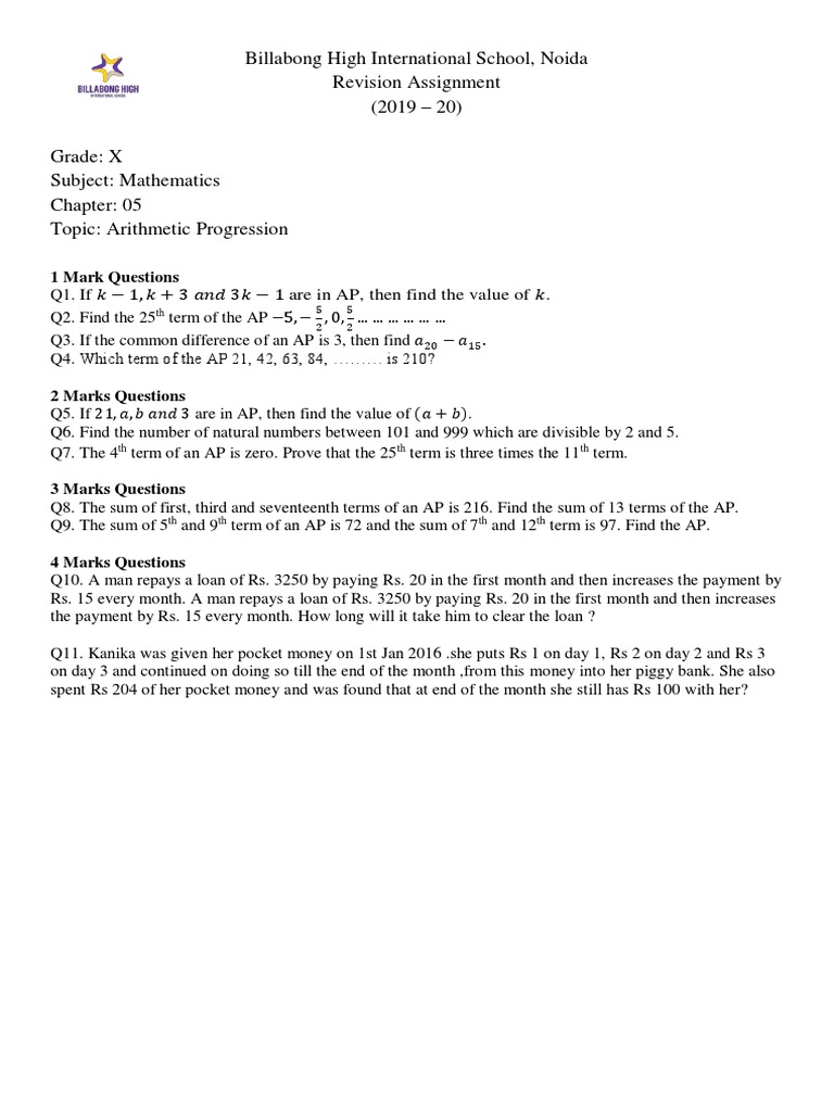 Revision Sheet Arithmetic Progressions | PDF