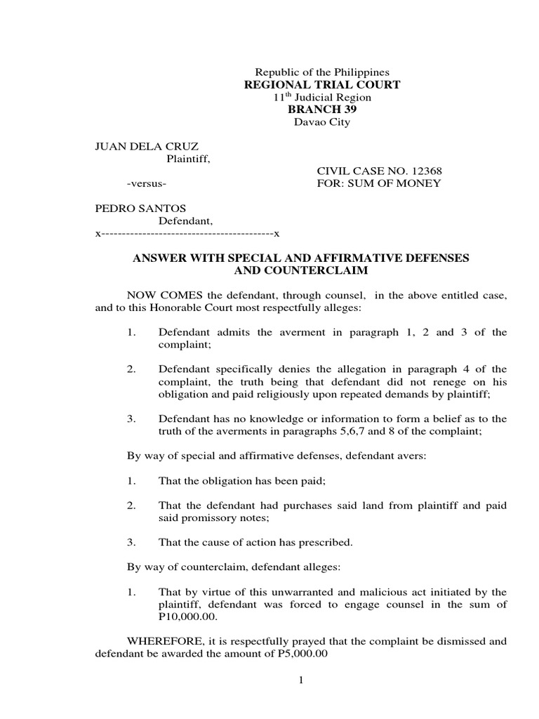 1 Answer With Affirmative Defenses and Counterclaim Rule 8 9 and 16 ...