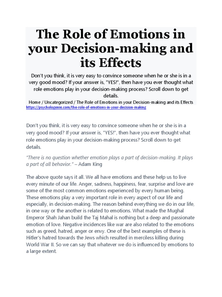 The Role of Emotions in Your Decision | PDF