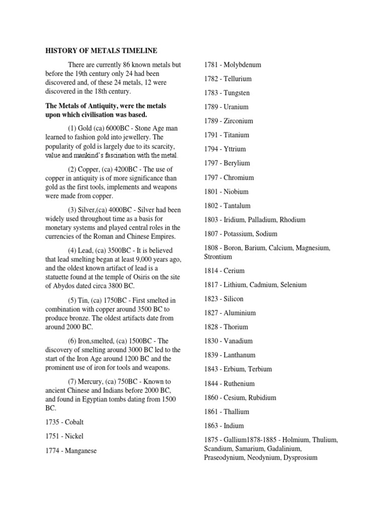 History of Metals Timeline | PDF