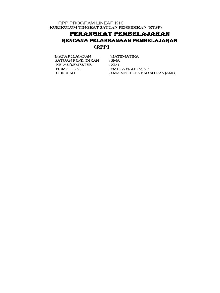 RPP Program Linear K13 Kelas Xi Mia | PDF