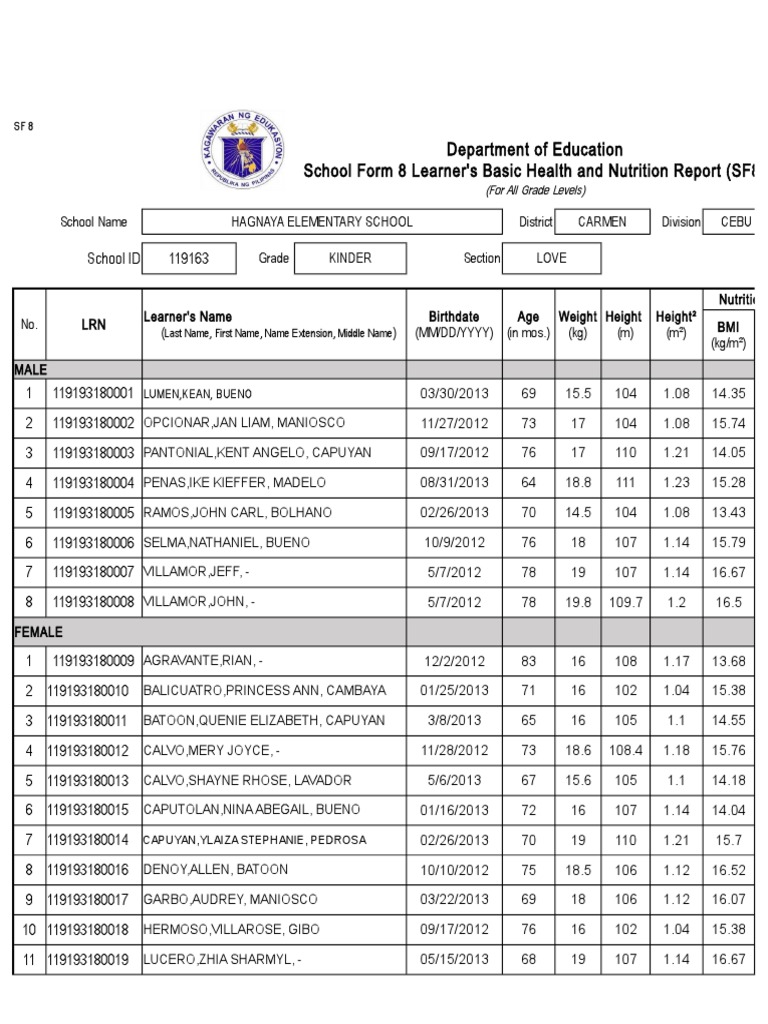 AM LOVE School Form 8 SF8 Learner Basic Health and Nutrition Report ...