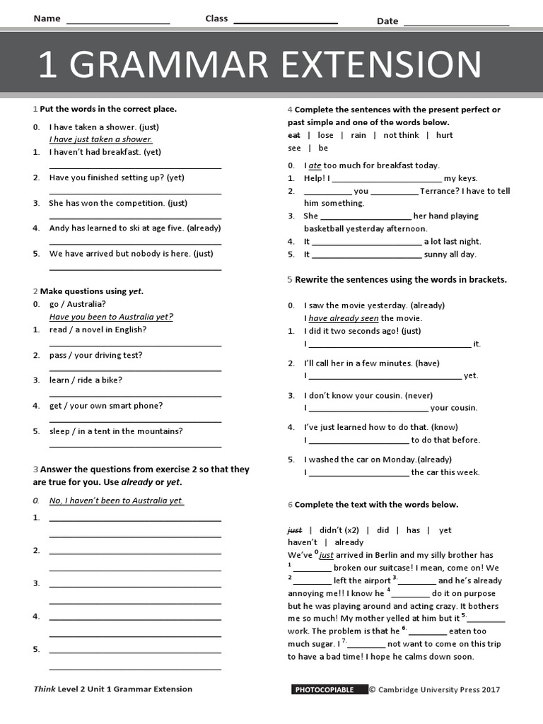 THINK L2 Unit 1 Grammar Extension | PDF